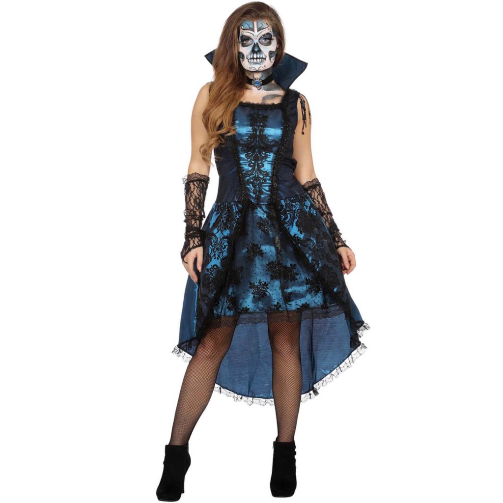 Vampirin / Edeldame Gothic Kostüm Kleid halblang Deluxe blau-schwarz ...